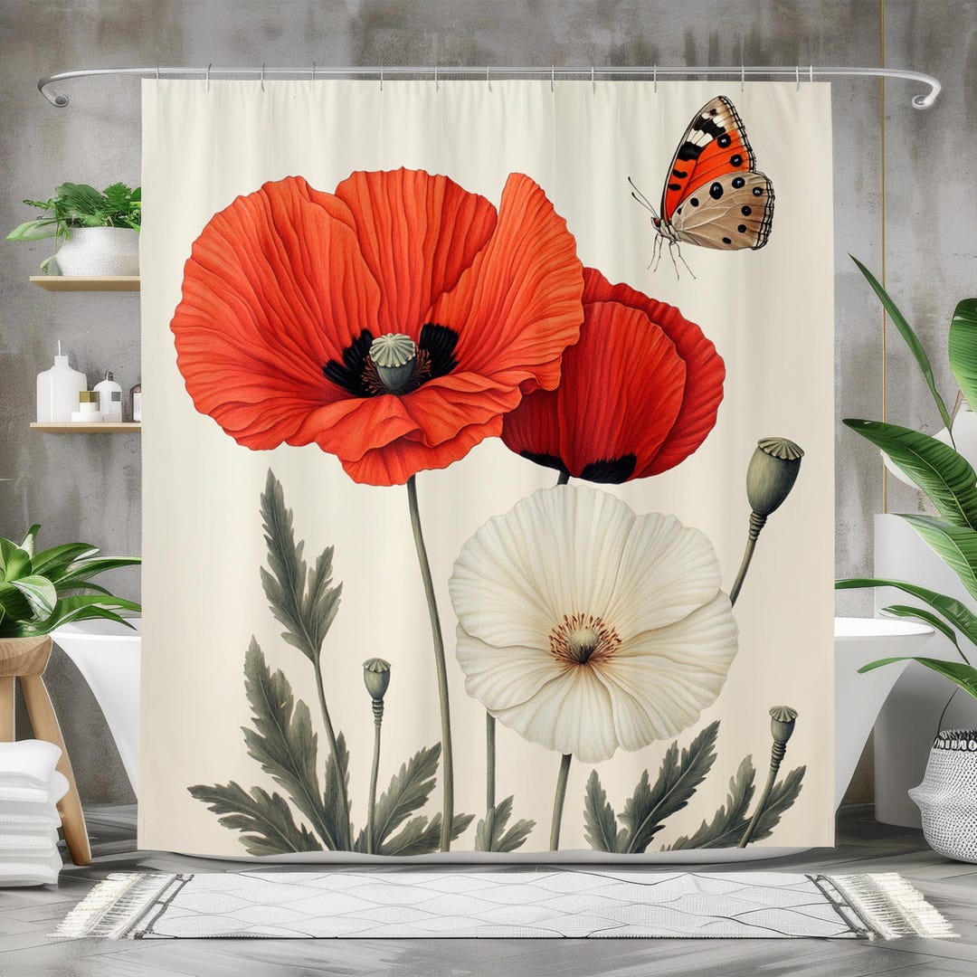 Red and White Poppy Shower Curtain With Butterfly Accent, Retro ...