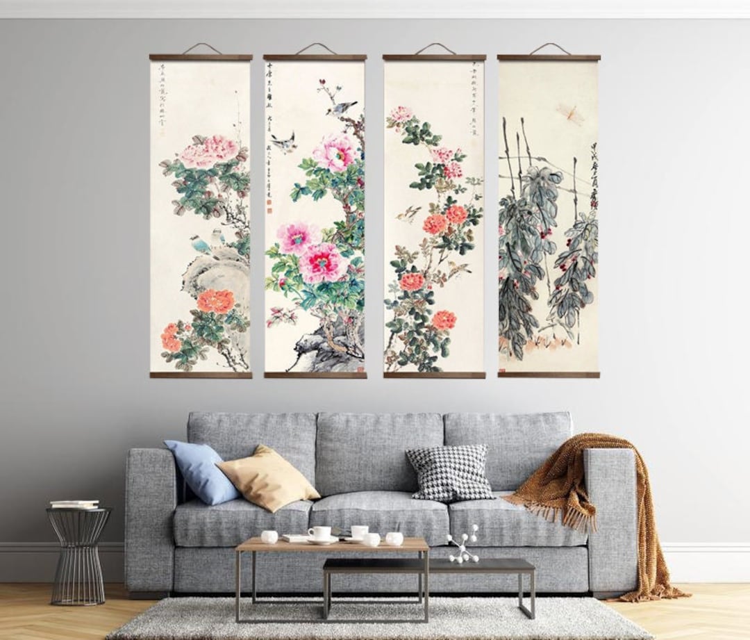 Floral Chinese Japanese Scroll Painting, Asian Art, Canvas Wall Hanging ...