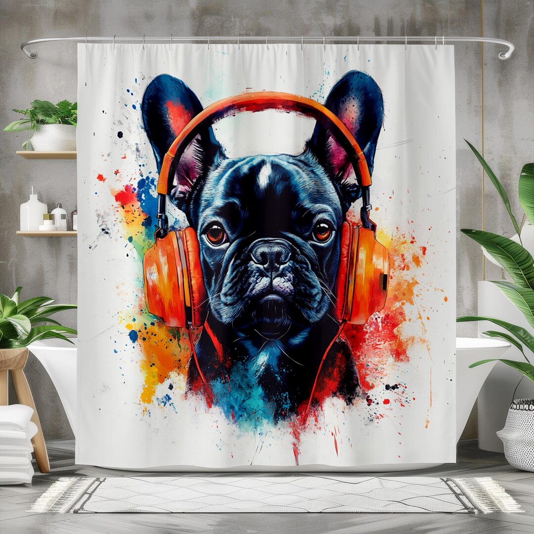 French Bulldog Shower Curtain With Headphones, Vibrant Dog Bathroom ...