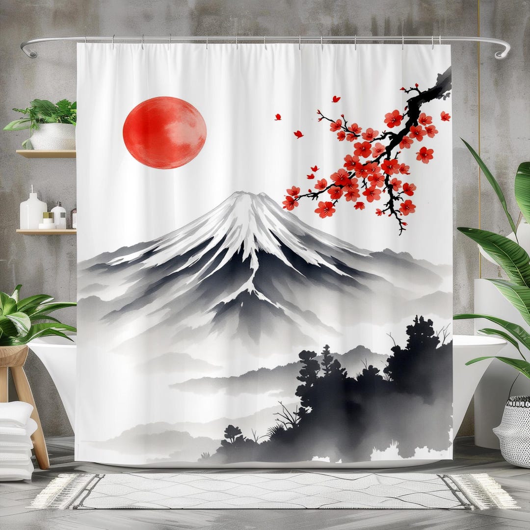 Japanese Shower Curtain, Mount Fuji Cherry Blossom Design, Zen Bathroom ...