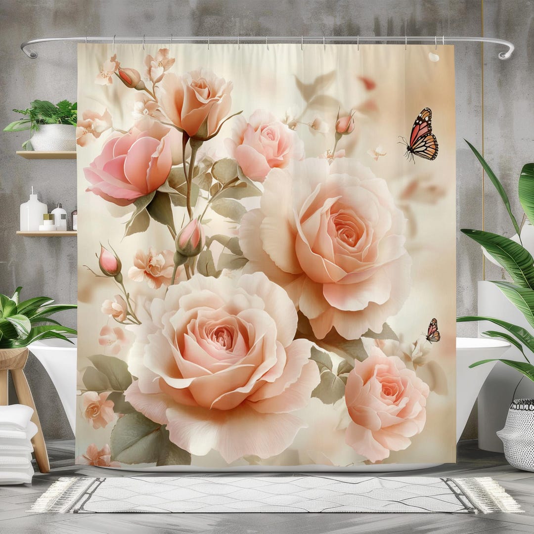 Pink Rose Shower Curtain, Elegant Floral Bath Curtain, Waterproof ...