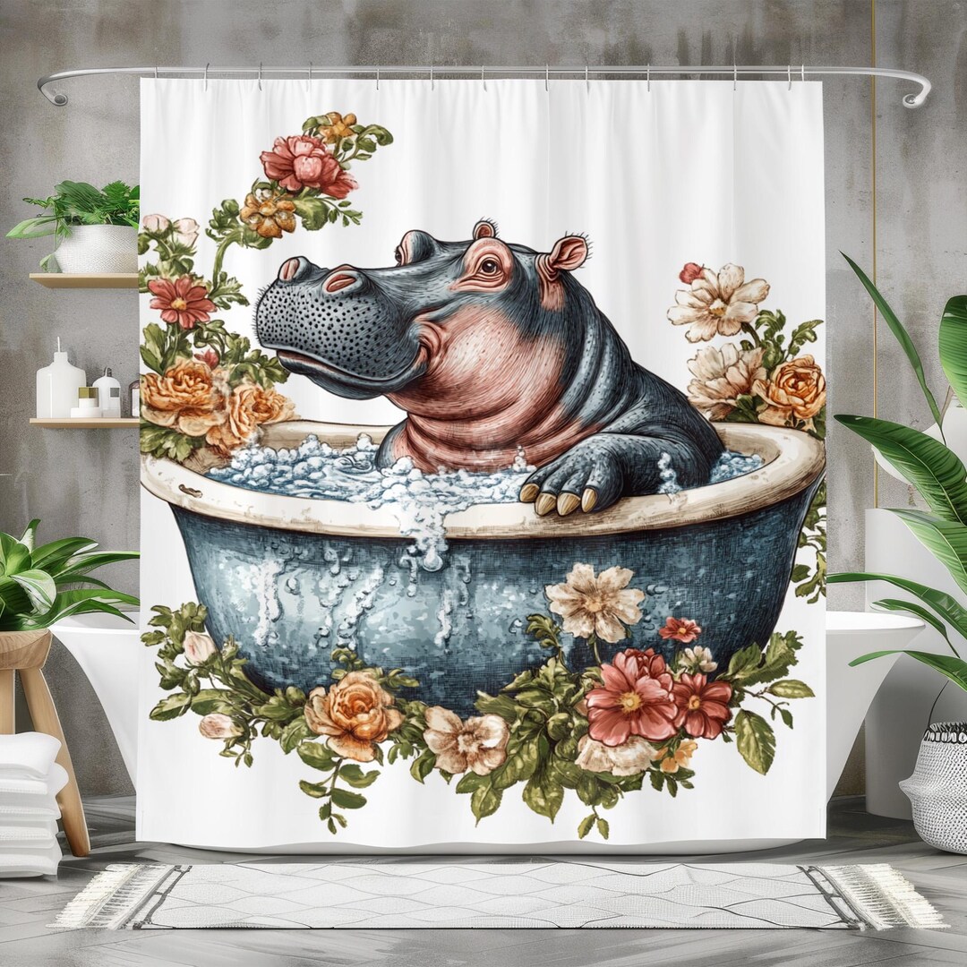 Hippo Shower Curtain Funny Bath Curtain Waterproof Fabric Bathroom ...