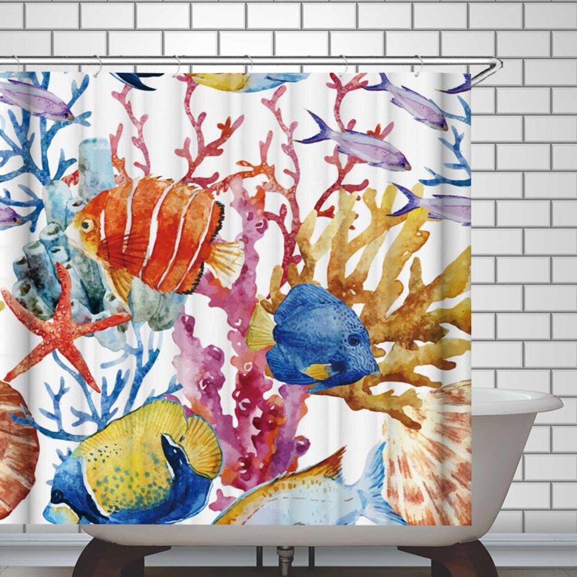 Fish Shower Curtain Waterproof Colorful Fabric Bathroom | Etsy