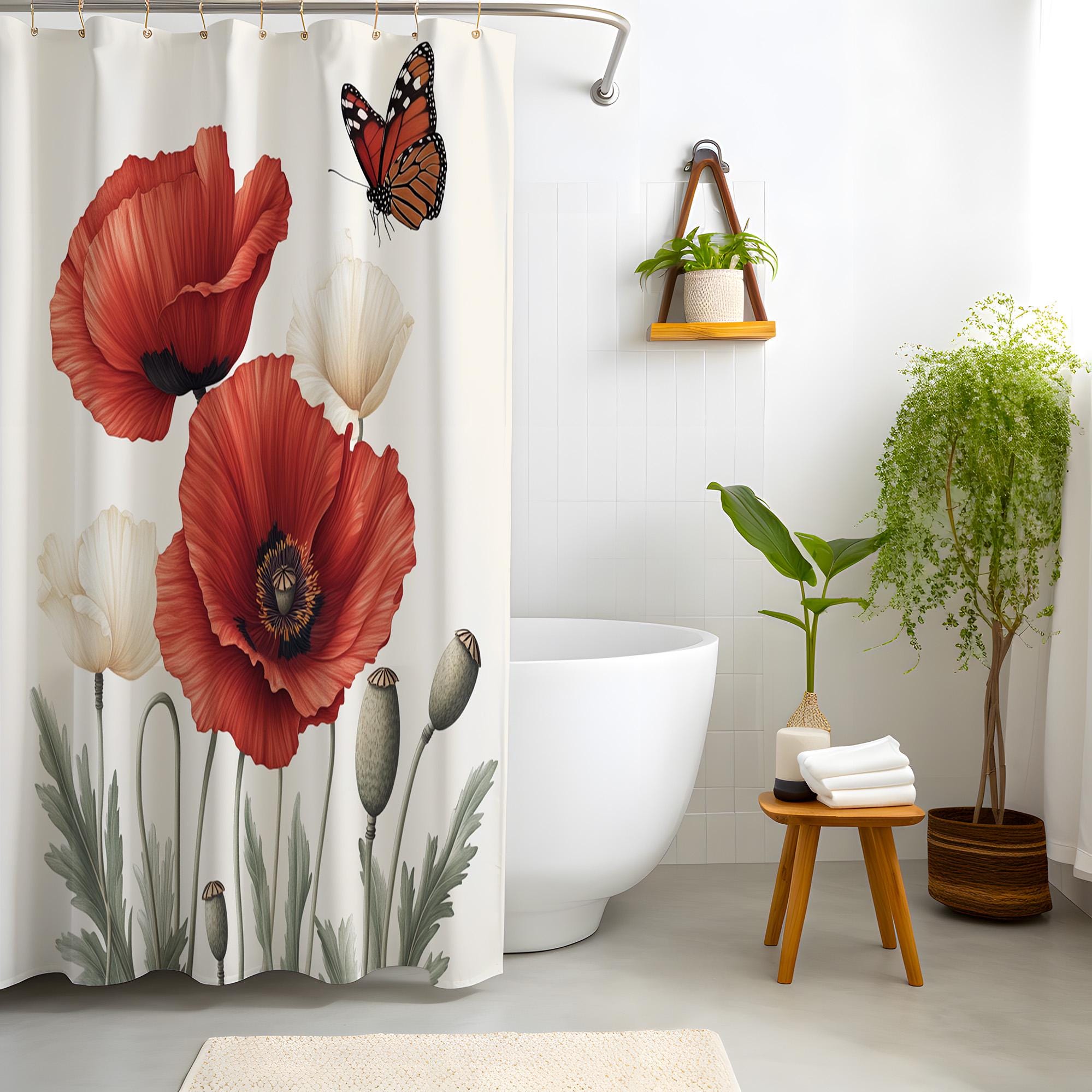 Poppy Shower Curtain, Red Floral Botanical Bathroom Decor, Waterproof ...