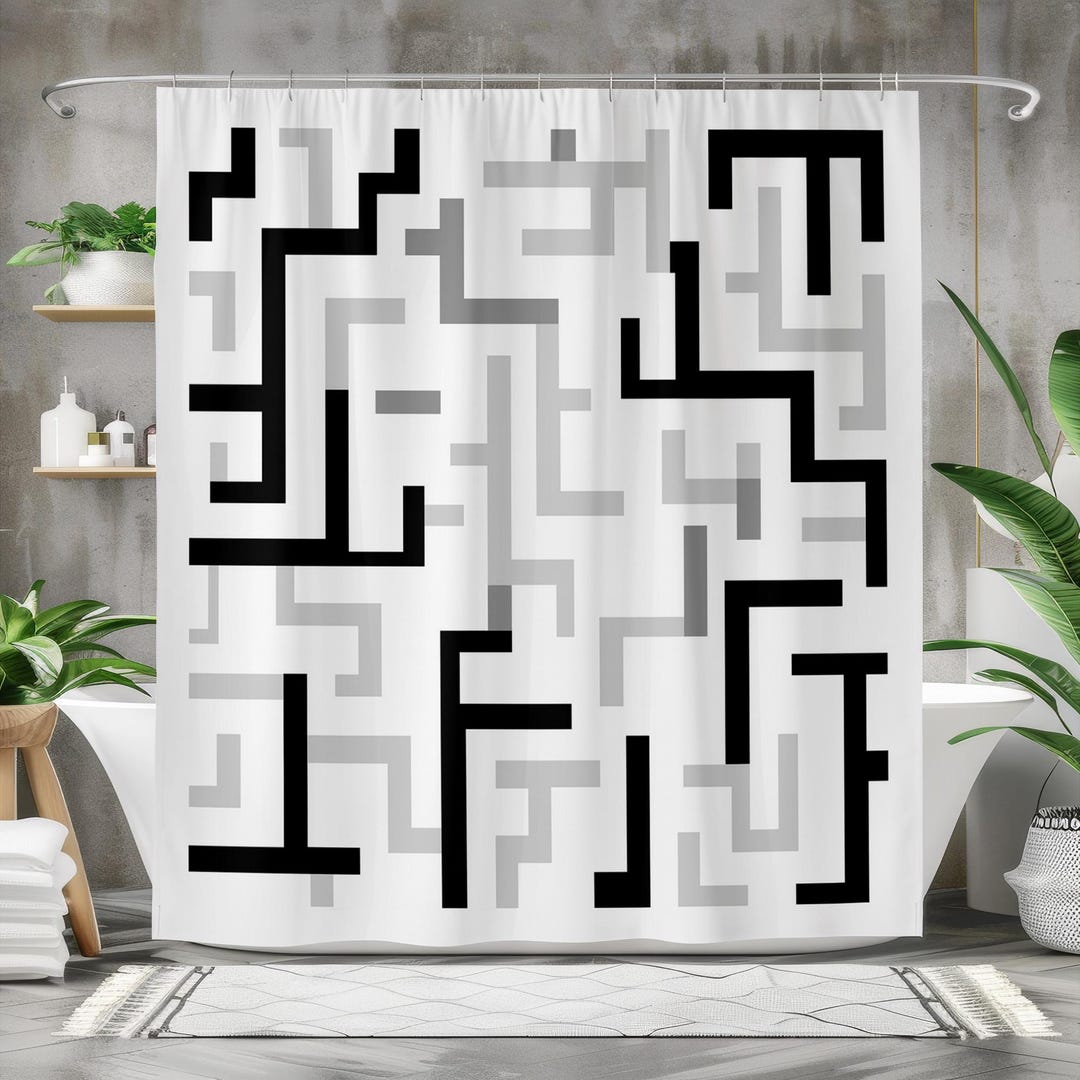 Modern Geometric Maze Shower Curtain – Black and Gray Abstract Tetris ...