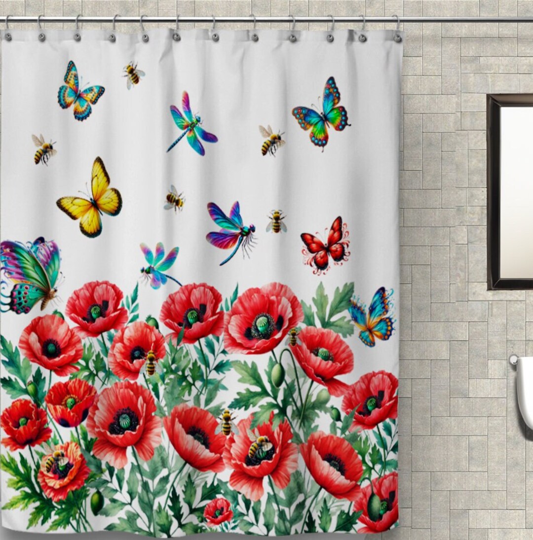 Vibrant Floral Butterfly Poppy Shower Curtain, Colorful Bathroom Decor ...