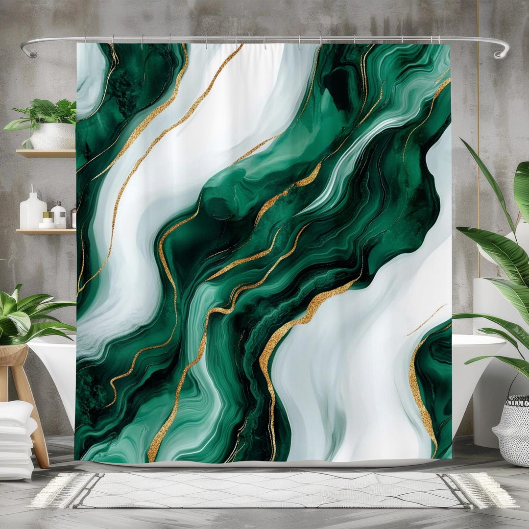 Emerald Green and White Marble Shower Curtain, Luxury Abstract Bath ...