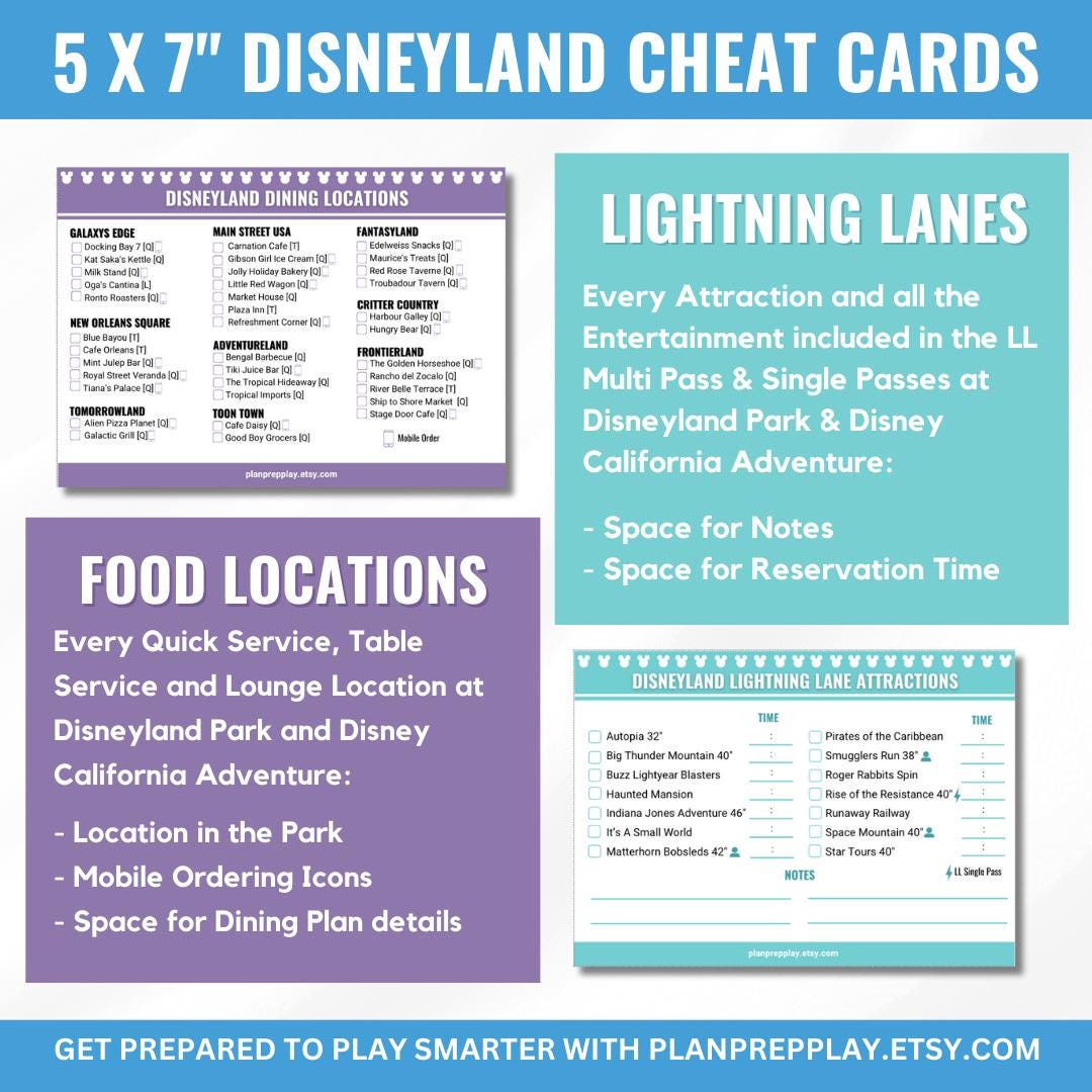 7-in-1 Disneyland Cheat Cards Bundle 5x7 Quick Glance Cards Rides ...