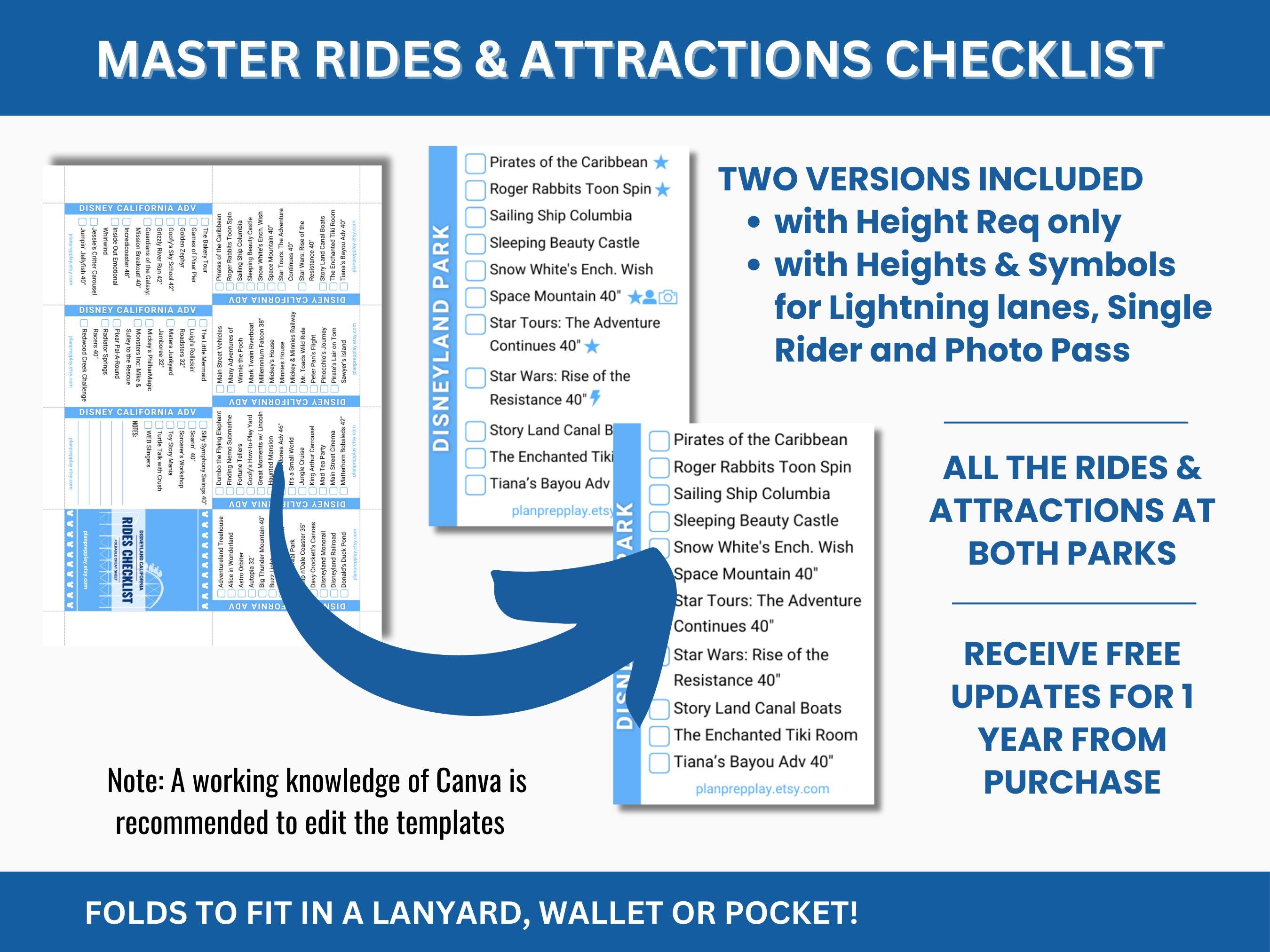 Editable Disneyland Master Rides & Attractions Checklist Template ...
