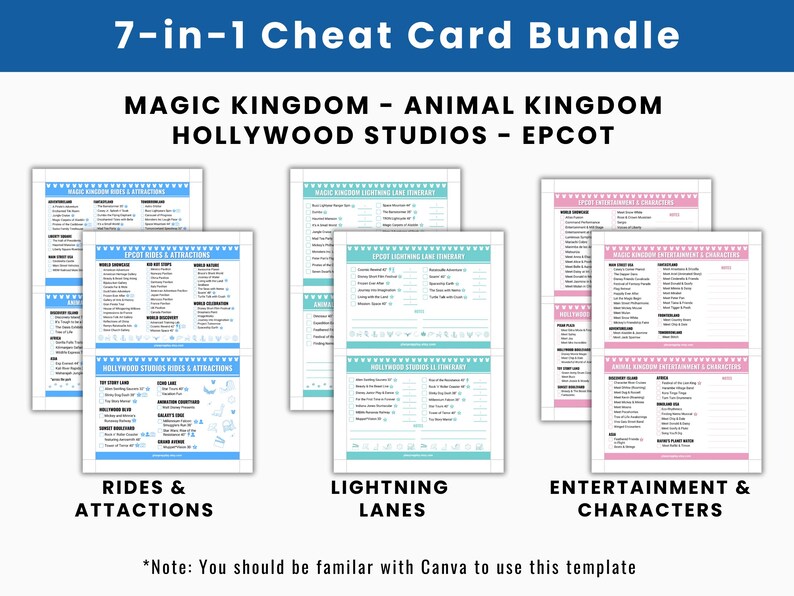 Editable Disney World Itinerary Cards | 5x7" Index Cheat Cards ...