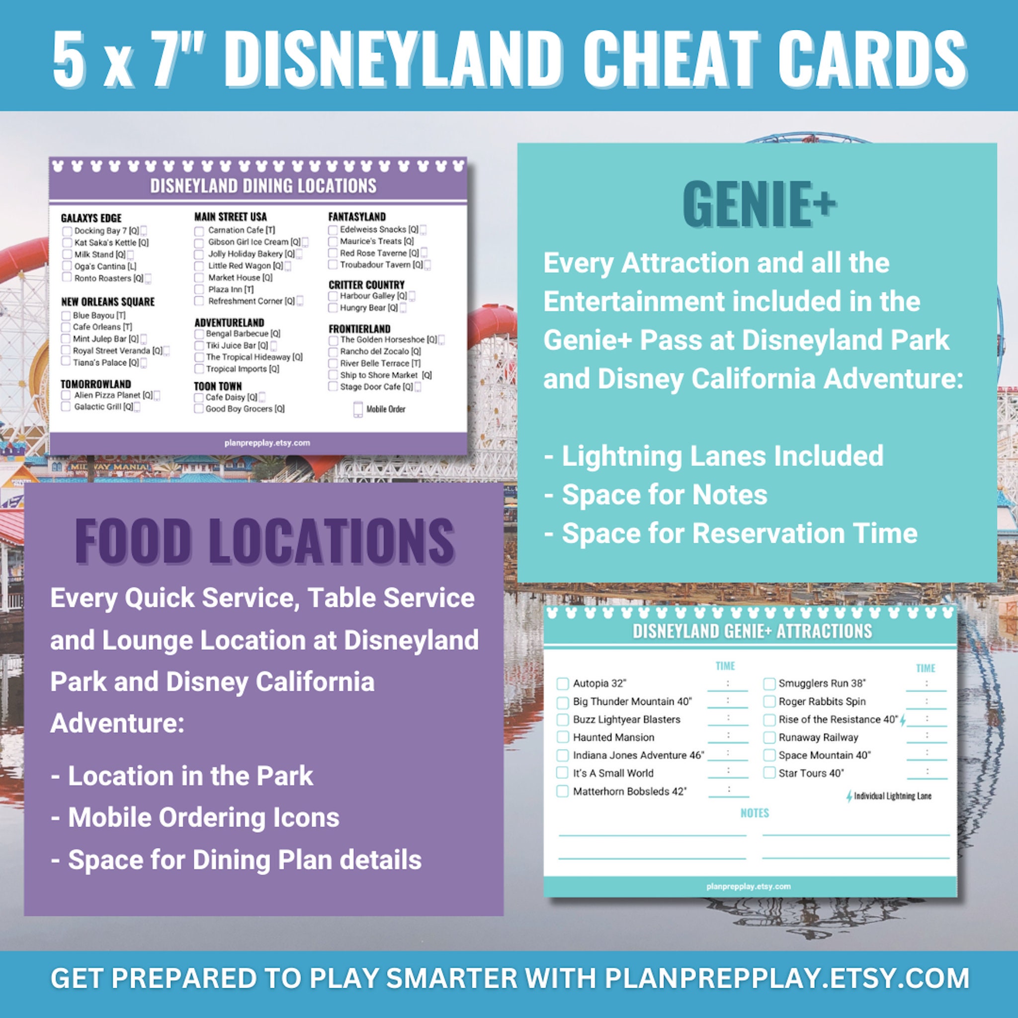 7-in-1 Disneyland Cheat Cards Bundle 5x7 Quick Glance Cards Rides ...