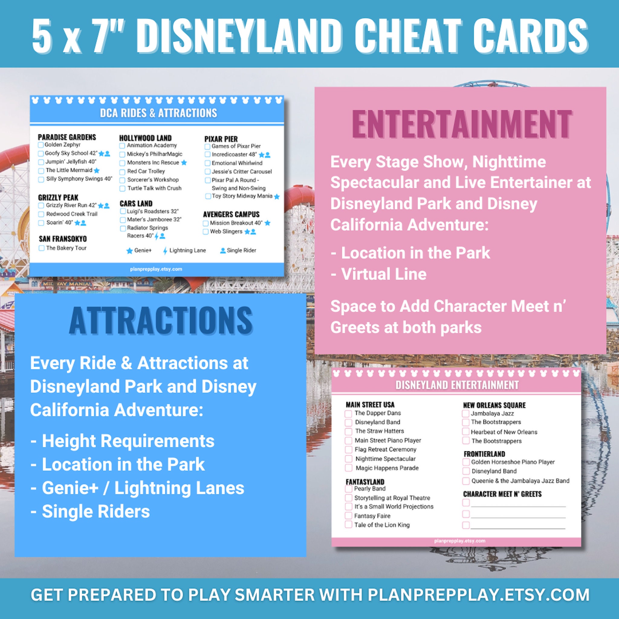 7-in-1 Disneyland Cheat Cards Bundle 5x7 Quick Glance Cards Rides ...