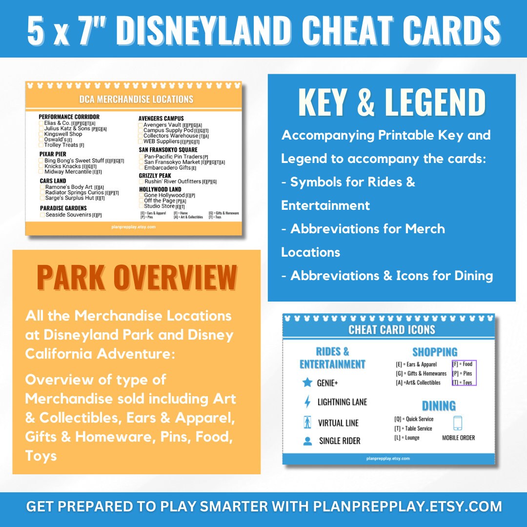 7-in-1 Disneyland Cheat Cards Bundle 5x7 Quick Glance Cards Rides ...