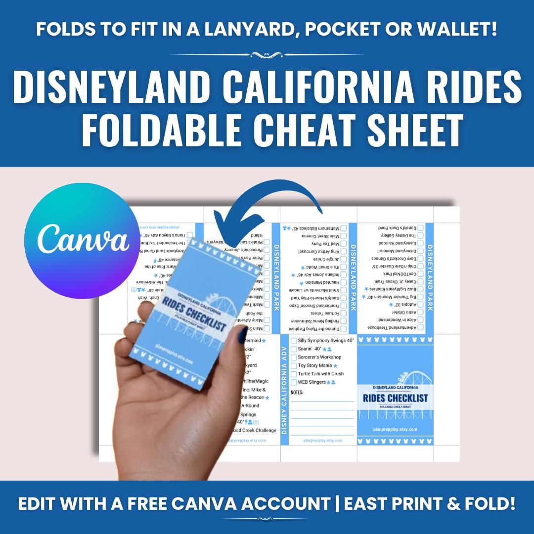 Editable Disneyland Rides Checklist Foldable Cheat Sheet: Park Vacation ...