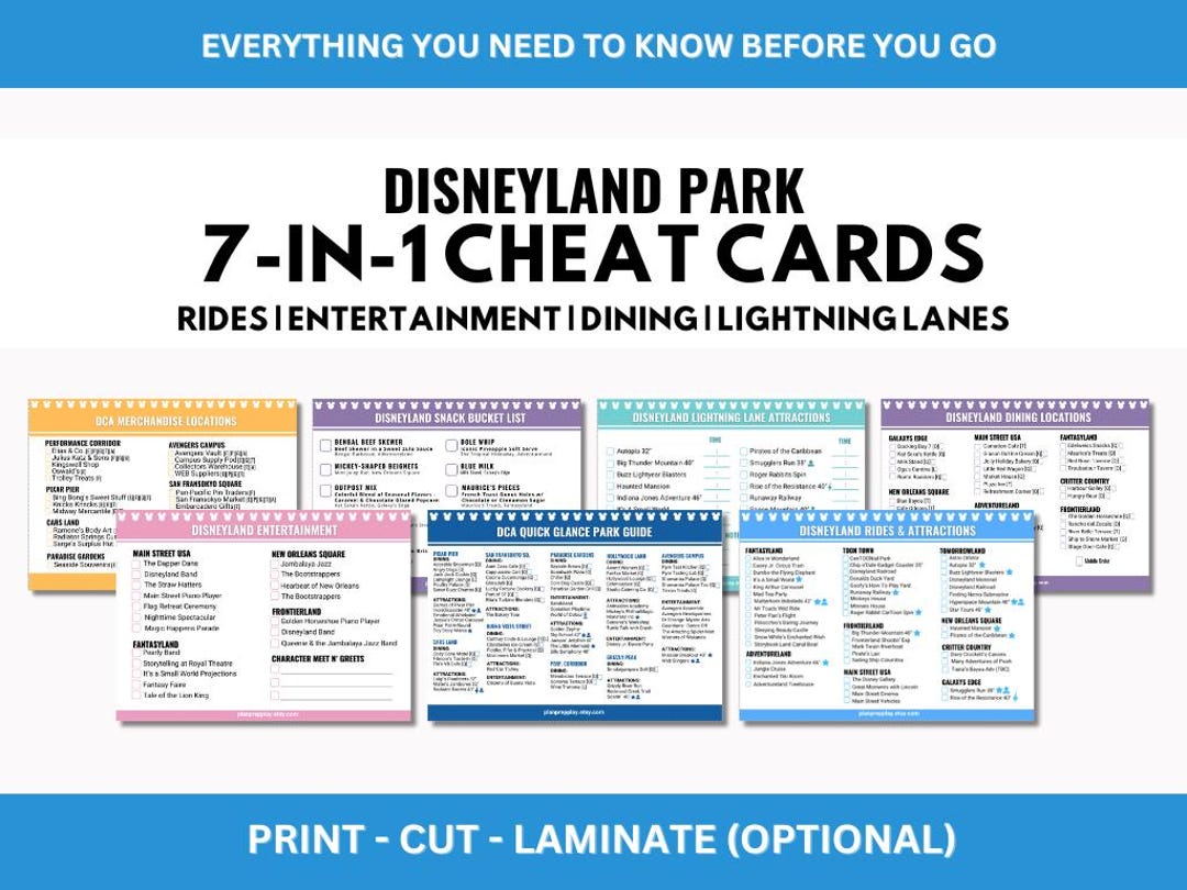 7-in-1 Disneyland Cheat Cards Bundle 5x7 Quick Glance Cards Rides ...