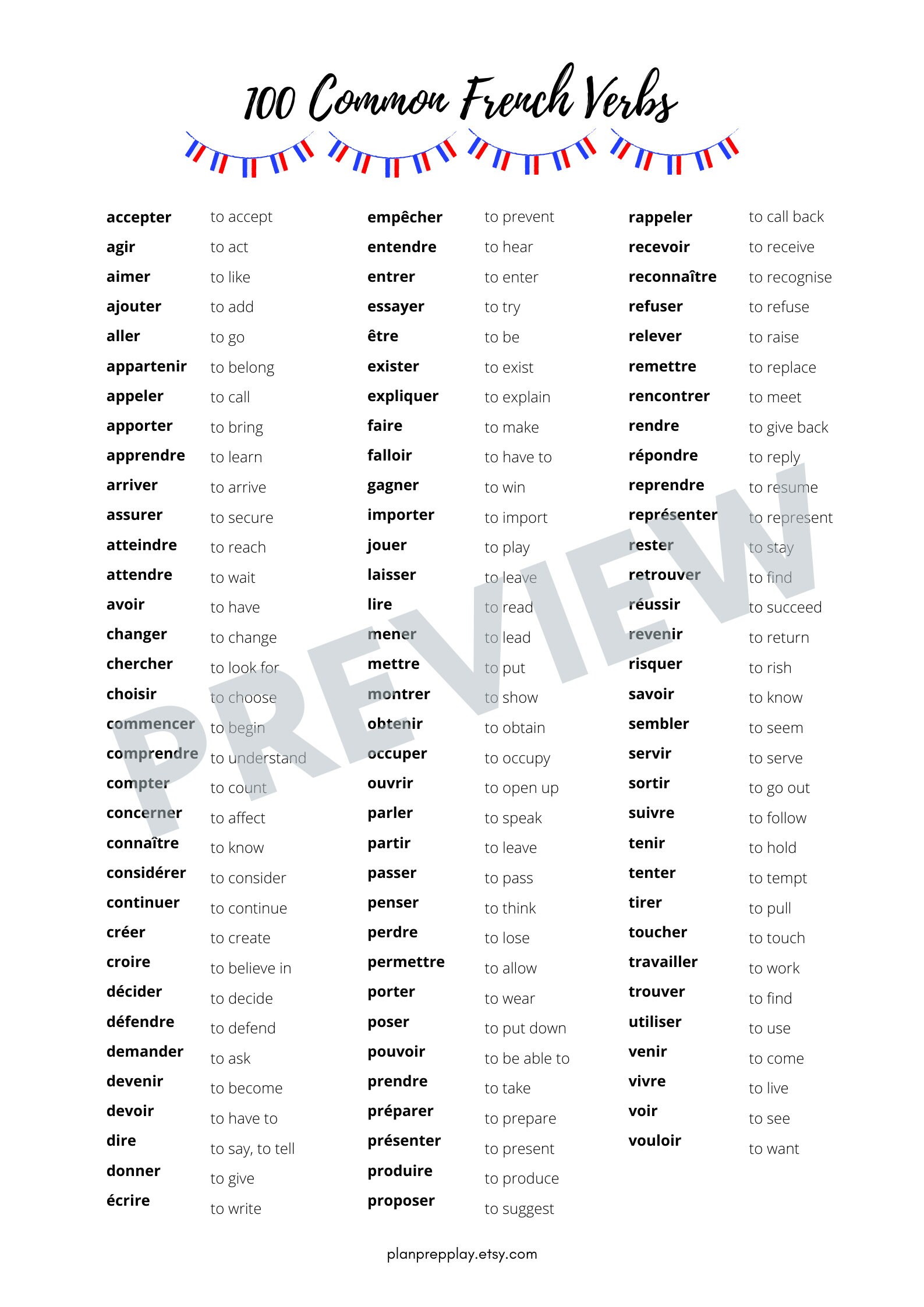 100 Most Common French Verbs Instant Download PDF Etsy Ireland 100 Most Common French Verbs Instant Download PDF Etsy Ireland
