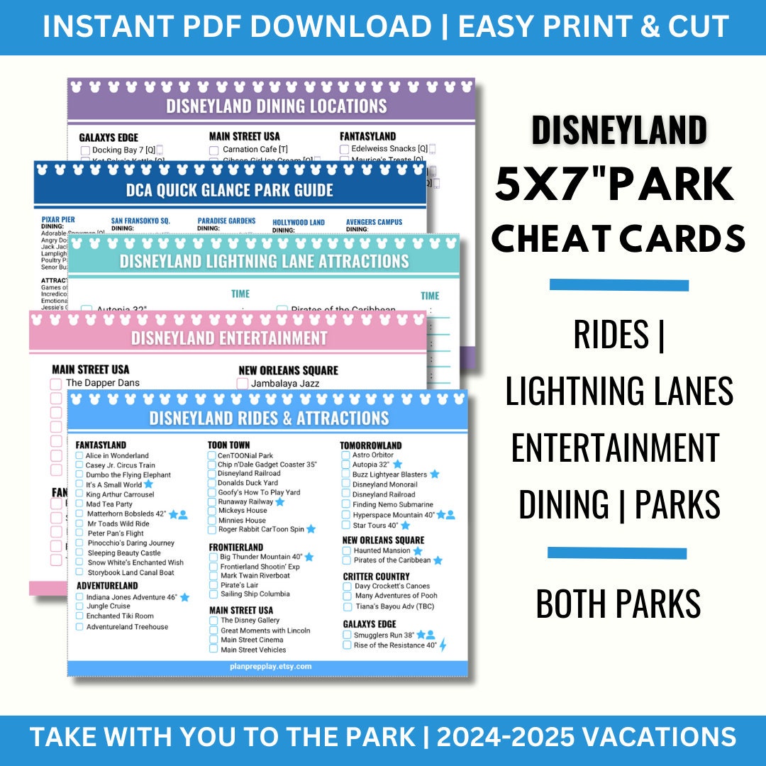 7-in-1 Disneyland Cheat Cards Bundle 5x7 Quick Glance Cards Rides ...