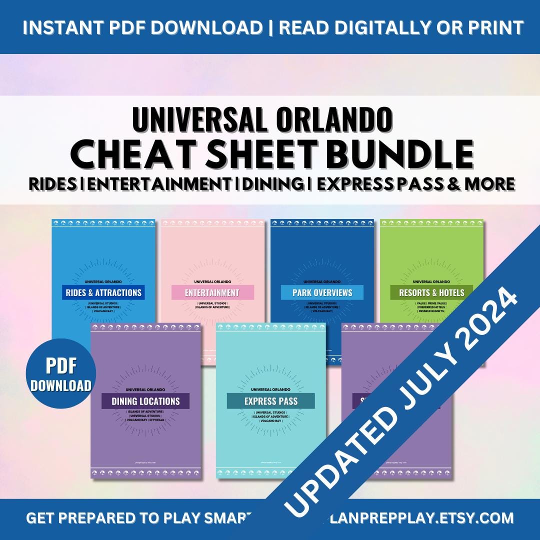 Universal Orlando Cheat Sheet Bundle Rides, Entertainment, Restaurants, Snacks, Express Pass ...