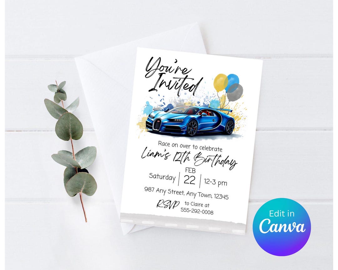 Bugatti Birthday Invitation: Super Car Party, Editable Canva Template ...