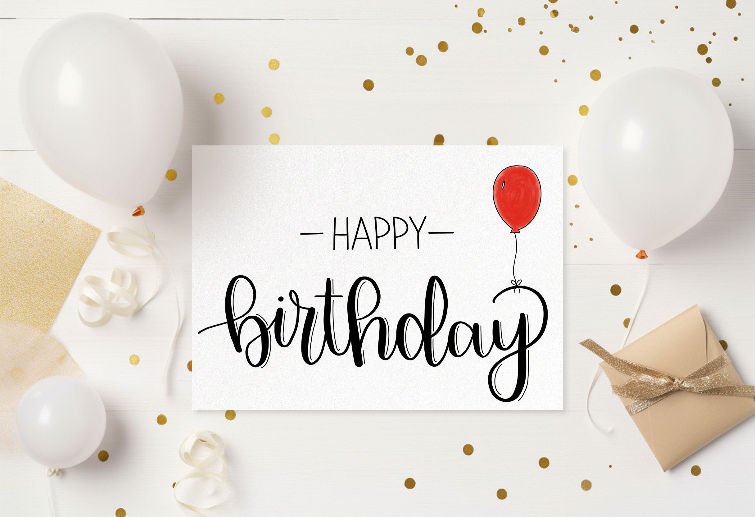 Happy Birthday Simple Modern Bday Hand Lettered Card With Balloon for ...