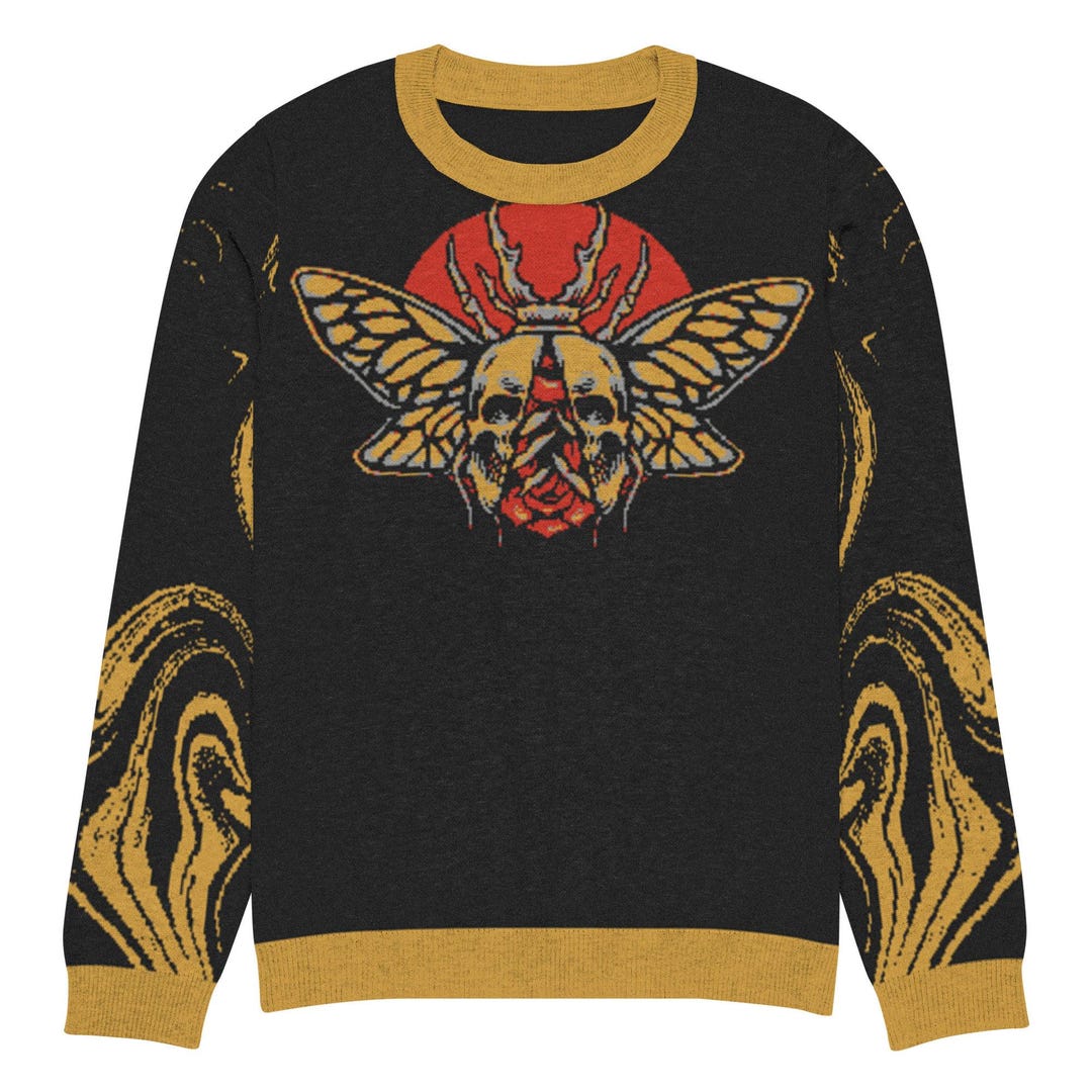 Rebirth and Death Embrace Scarab Beetle and Skull Knitted Crew Neck ...