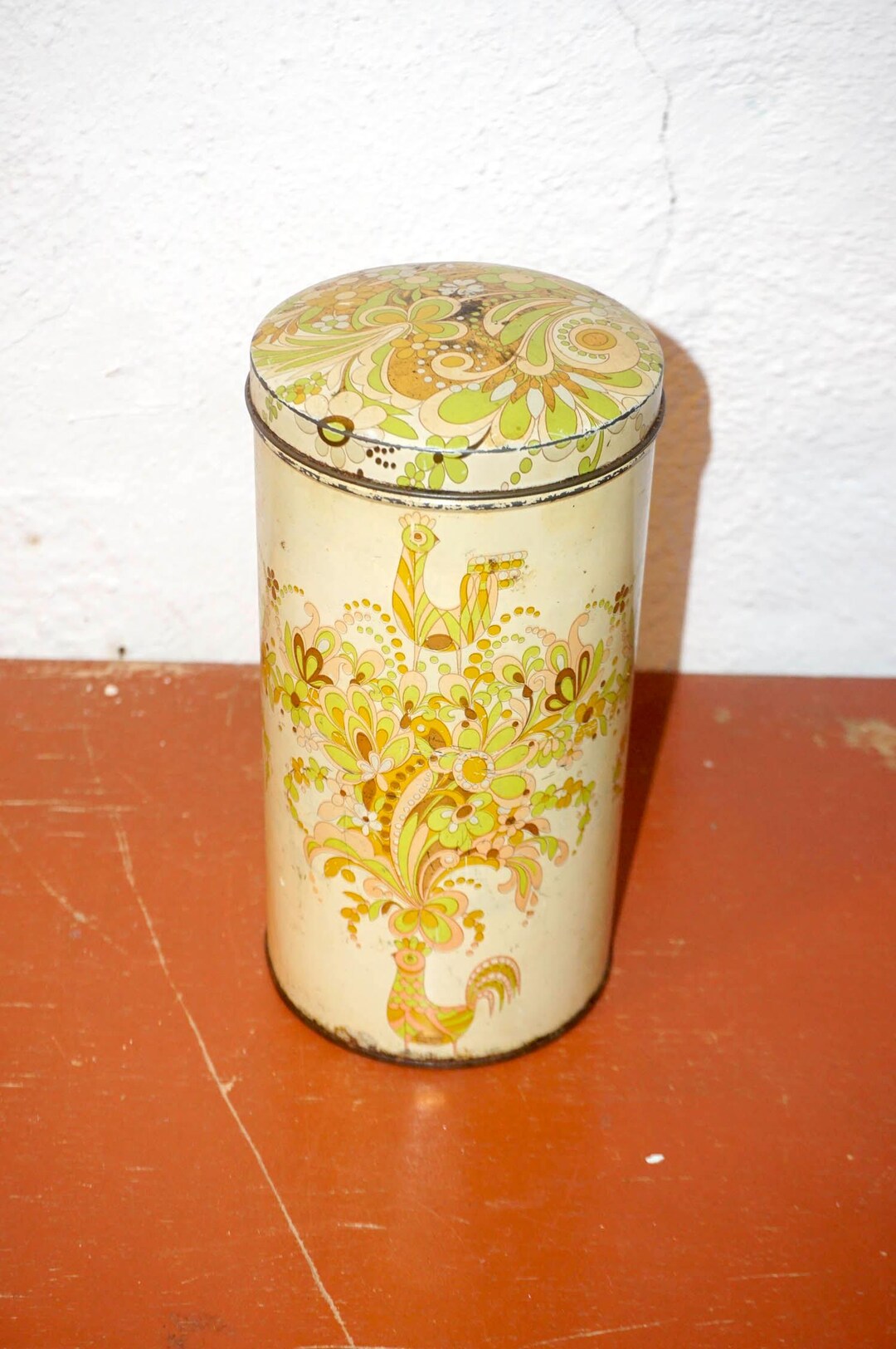 Vintage Psychedelic Tin * 1960s Floral Bird Canister * Boho Kitchen ...