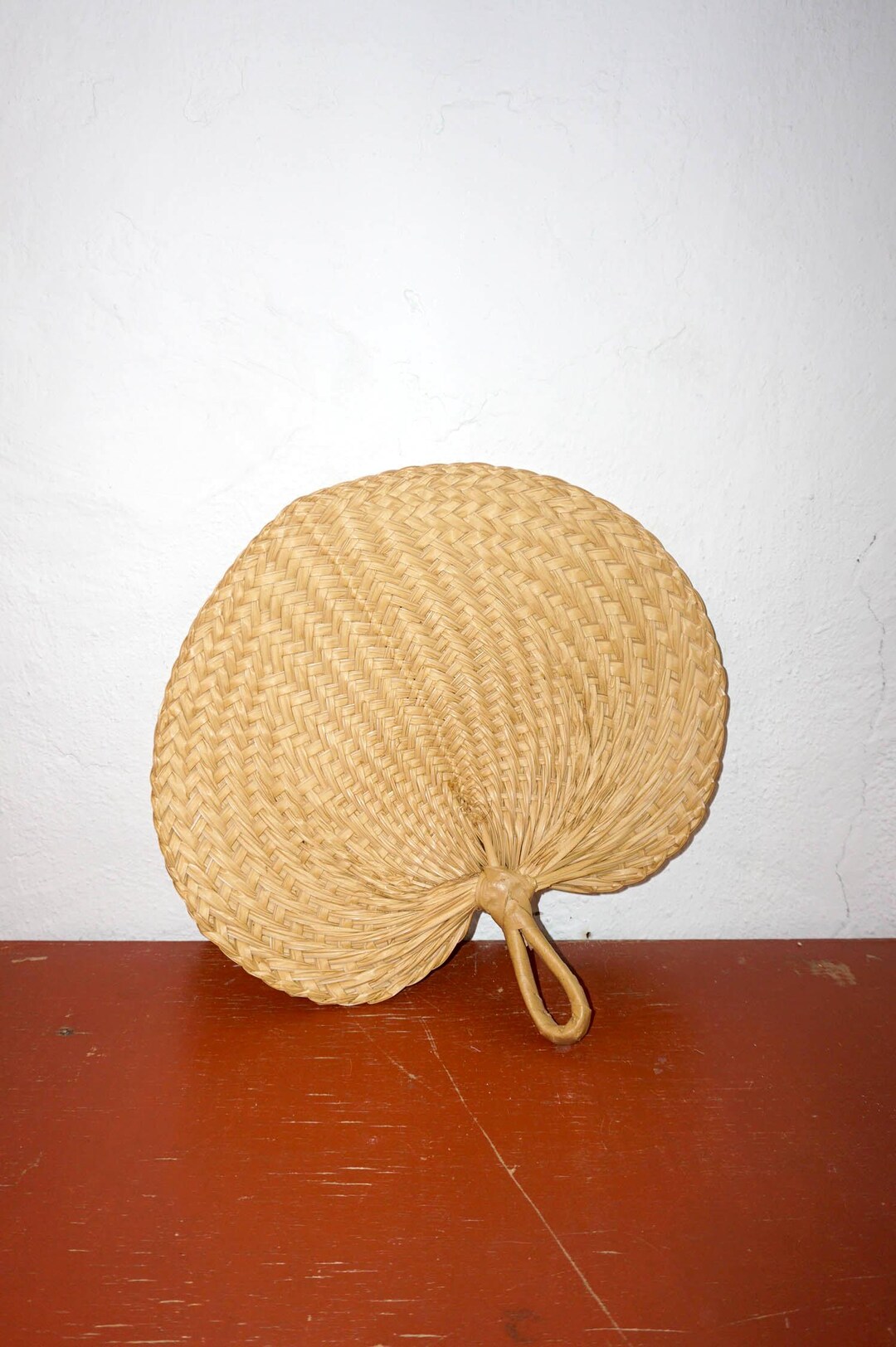Vintage Woven Palm Leaf Fan * Large Straw Uchiwa * Tropical * Natural ...