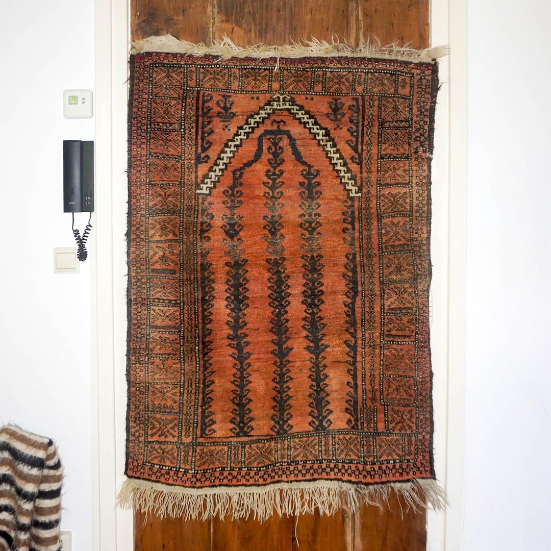 Handwoven Baluch Wool Rug* Prayer Niche Design* Soft Terracotta & Black ...