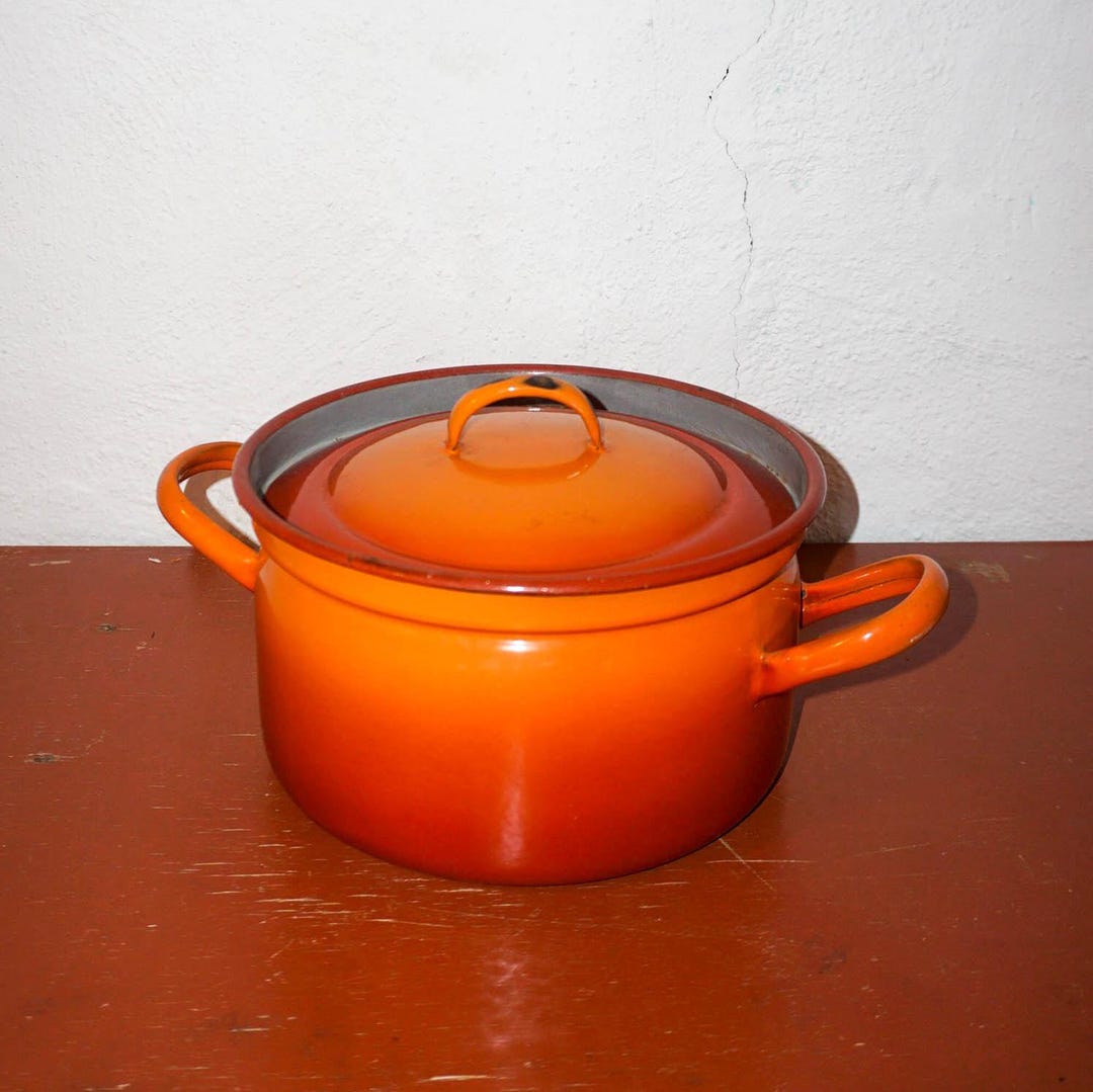 Vintage Orange Enamel Pot With Lid * 1970s Retro Amber Ombre Enamel ...