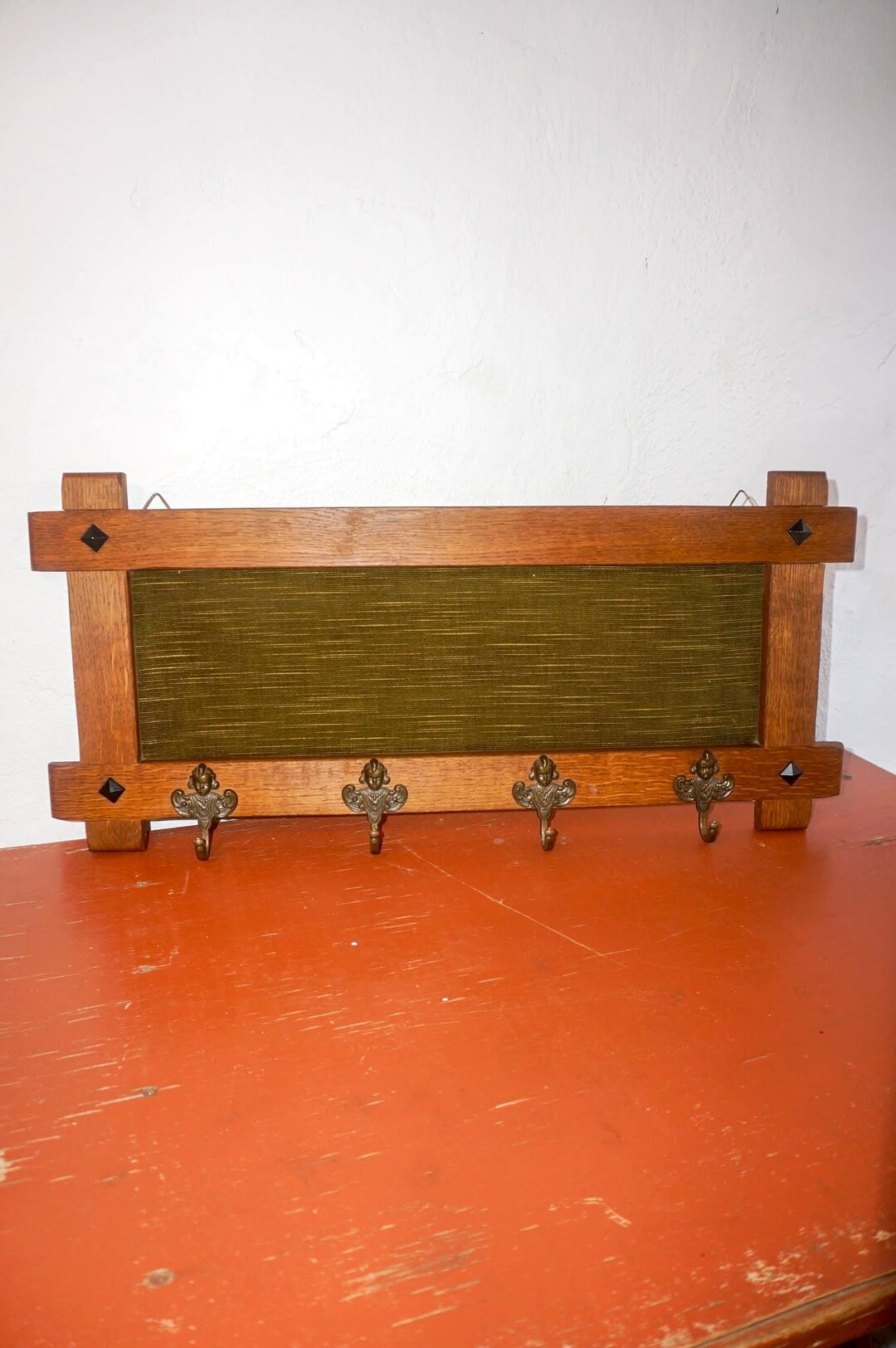 Antique Amsterdamse School Coat Rack * Green Velvet Oak Frame * Dutch ...