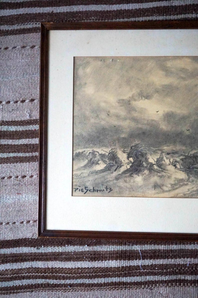 Vintage Dutch Seaside Landscape Drawing by Pie Schmidt * Framed ...