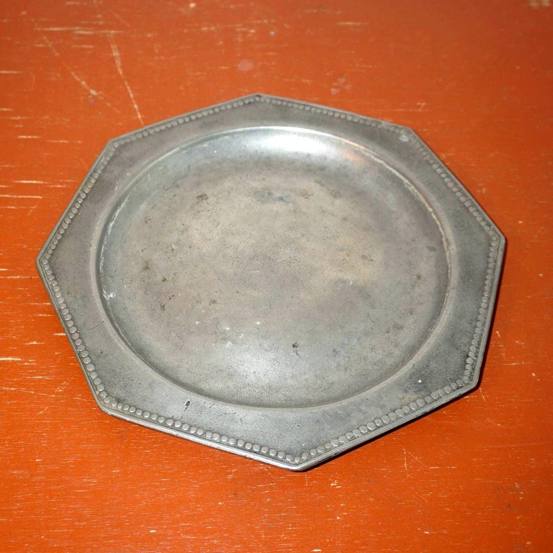 Vintage Pewter Charger Plate * Octagonal Tin Dish With Beaded Rim - Etsy