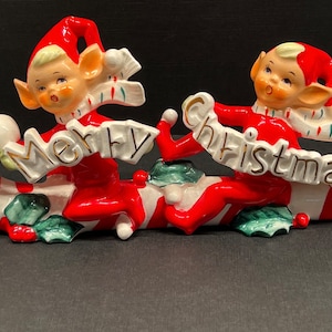Vintage 1950s Christmas Elf Figurine: Candy Cane, Merry Christmas Decor ...