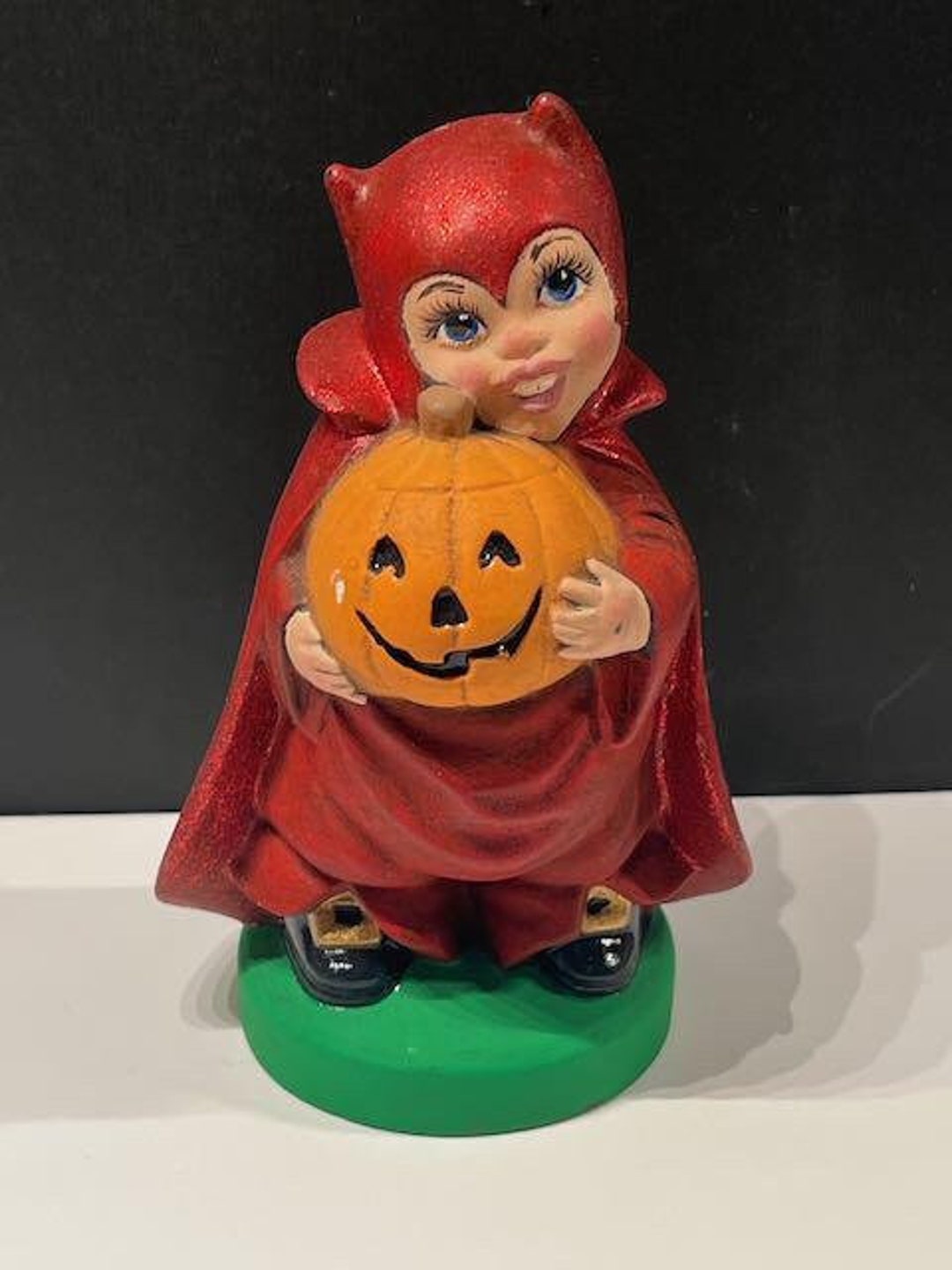 Vintage Plaster Red Devil Girl Figurine Holding Pumpkin Halloween ...