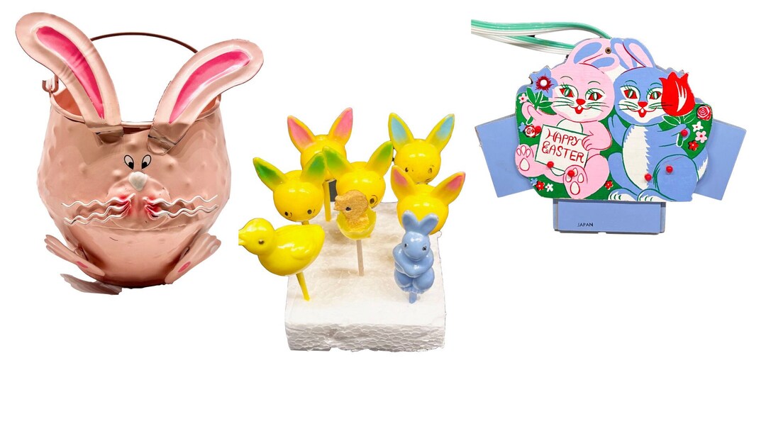 Vintage Easter Baskets RARE Metal Pail Wooden Basket Cupcake Picks 1940 ...