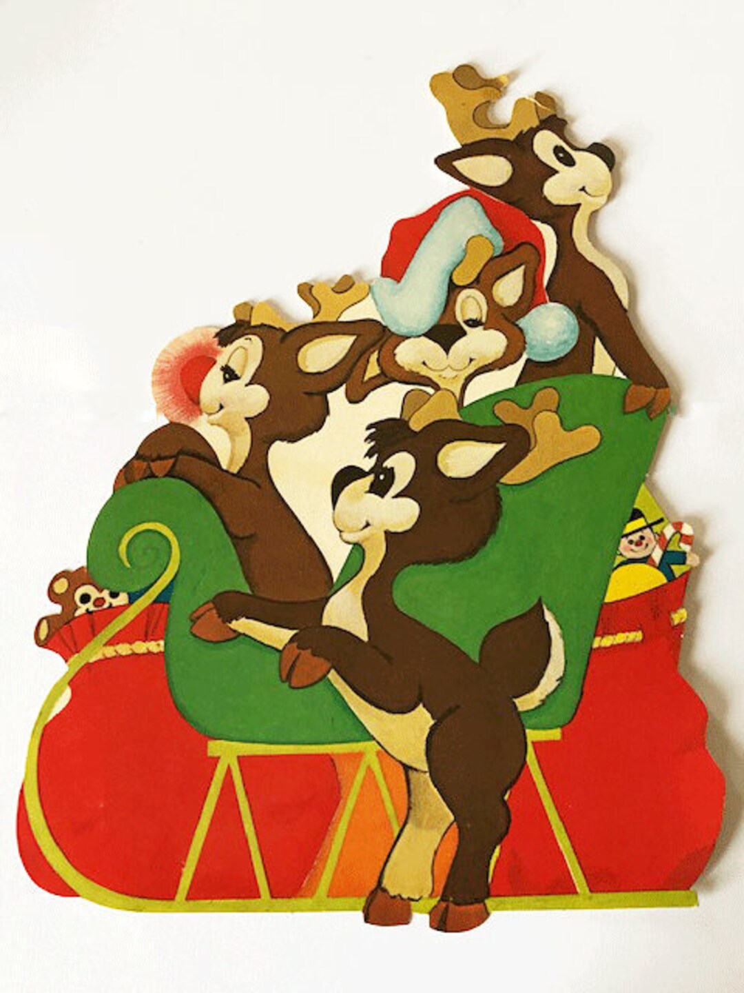 Vintge Die Cut Rudolph the Red Nose Reinder and Friends Riding in A Toy ...