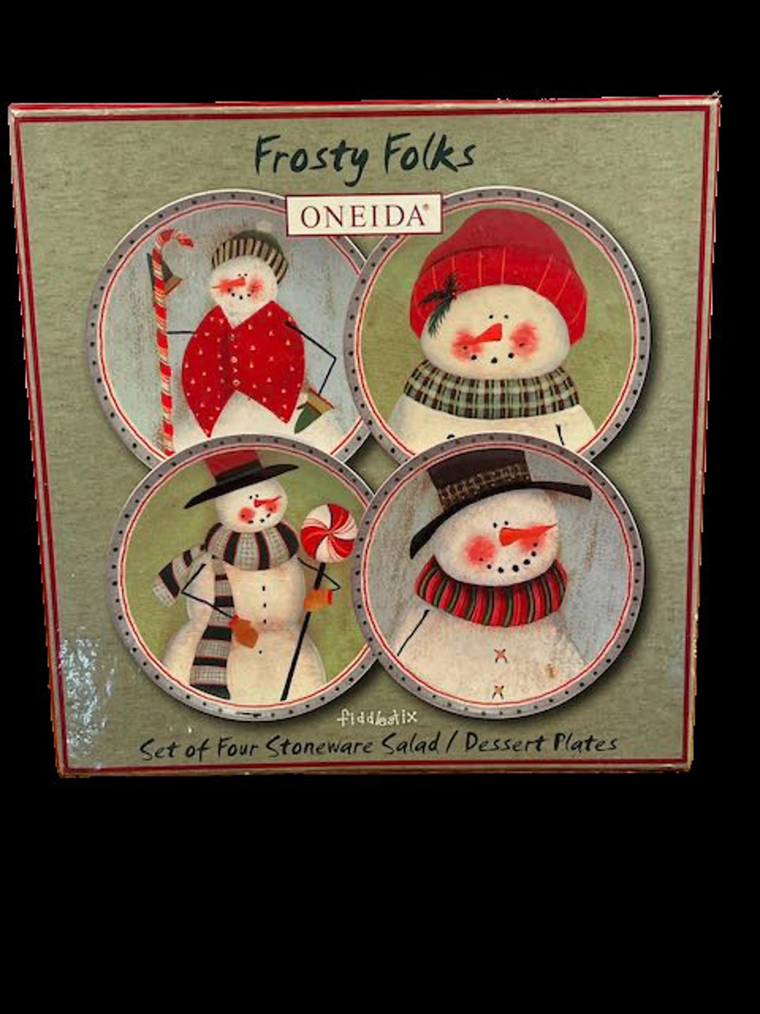 ONEIDA Frost Folks Fiddlesticks Stoneware Salad Plates Snowmen 8 1/4 ...