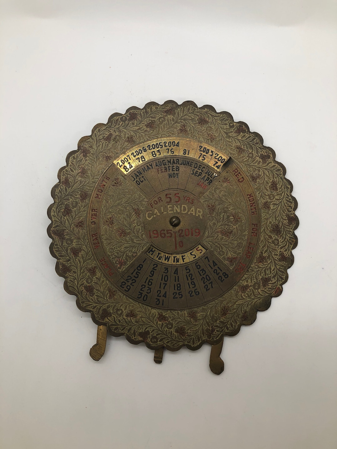 Vintage Brass Calendar, 55 Year Calendar, Vintage Round Brass Desk ...
