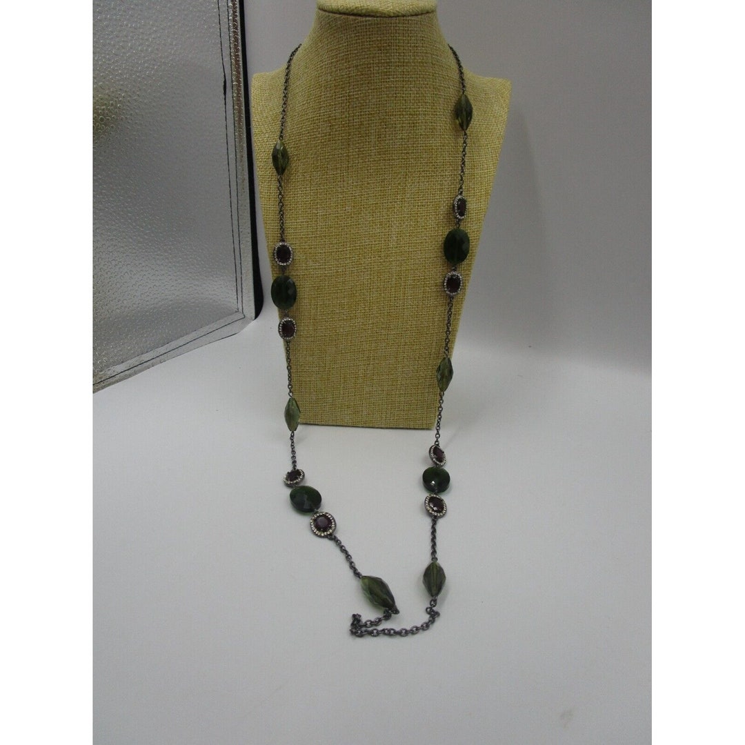 Chaps Ralph Lauren Gun Metal Green Resin Beaded Rhinestone Necklace, 36 ...