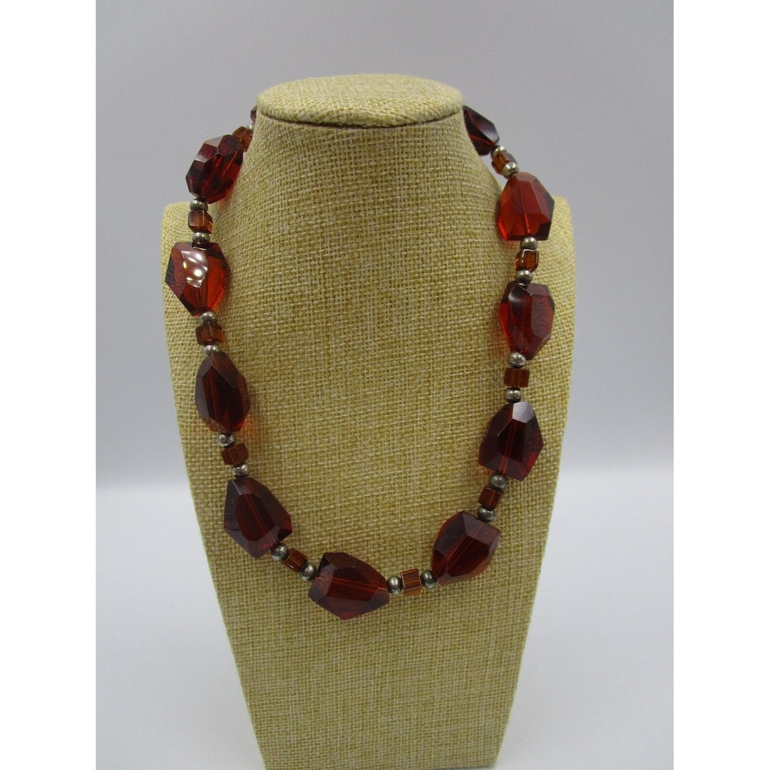 Vintage Red Amber Glass Chunky & Square Beaded Necklace, 18.5 Toggle ...