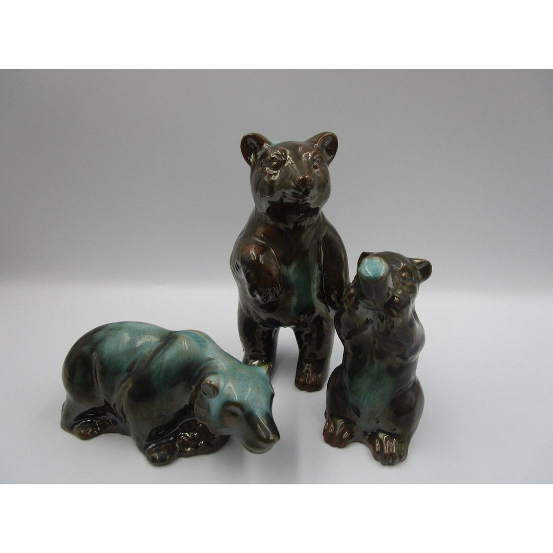 Set of 3 Ceramic Bear Figurines, Blue & Brown Glazed, Bear Creek Store ...