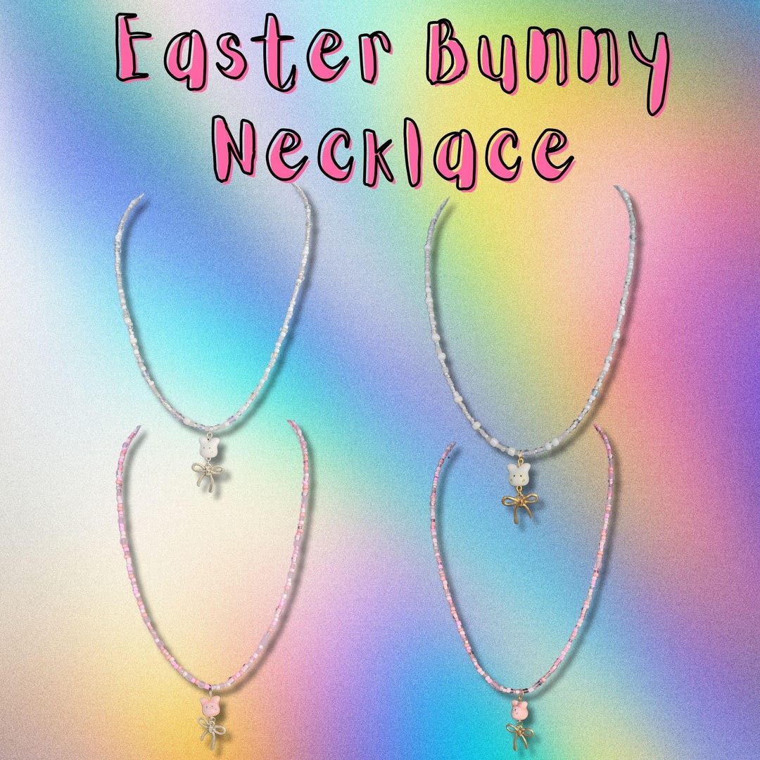 Beaded Easter Necklace Gold and Silver Pink and White Bunny Beaded ...