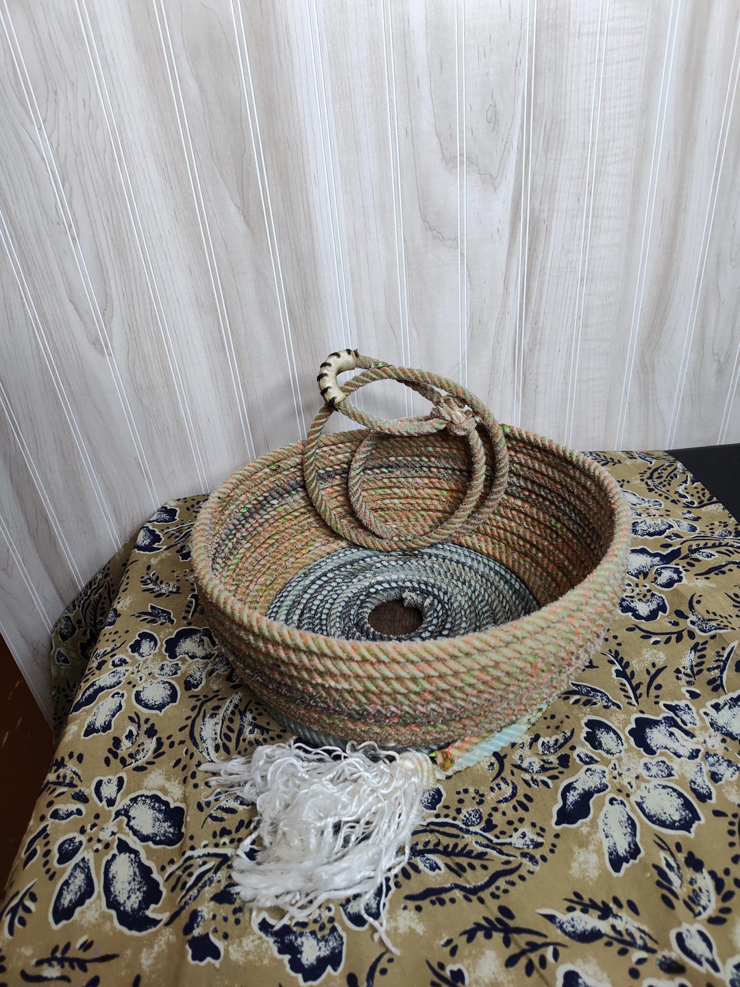 Handmade Lariat Rope Basket With Wood Base Eco-friendly Storage Rustic ...