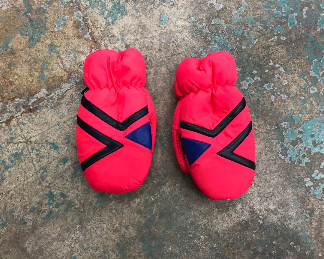 Vintage Kids Sized Mittens, Dayglo Red W Interesting Leather Trim, 80s ...