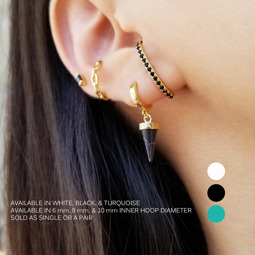 Spike Earrings, Black Stone Earrings, Black Marble Drop Hoops, Gold ...