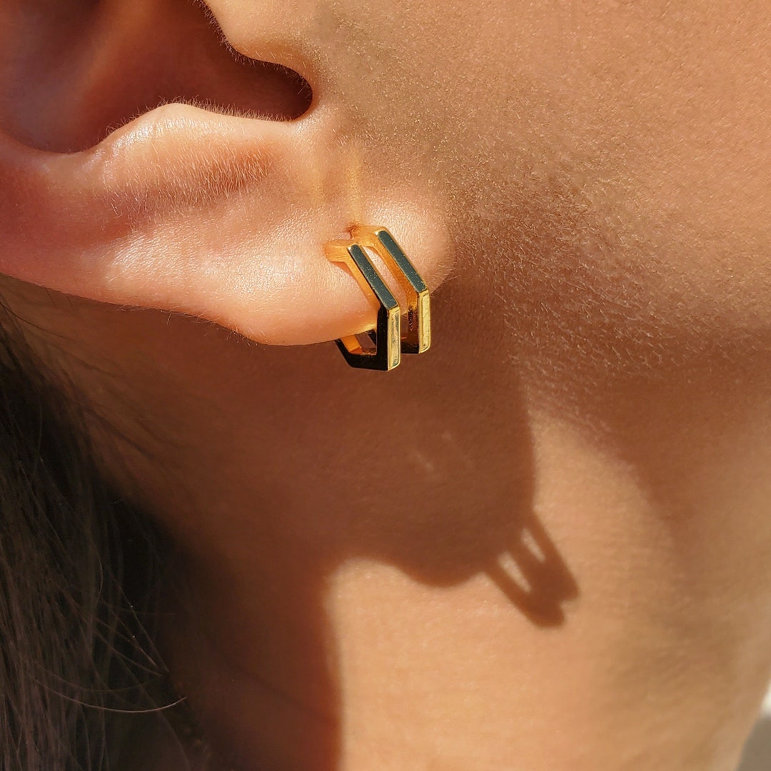 Double Hoops Hexagon Earrings Gold Hoops Statement - Etsy
