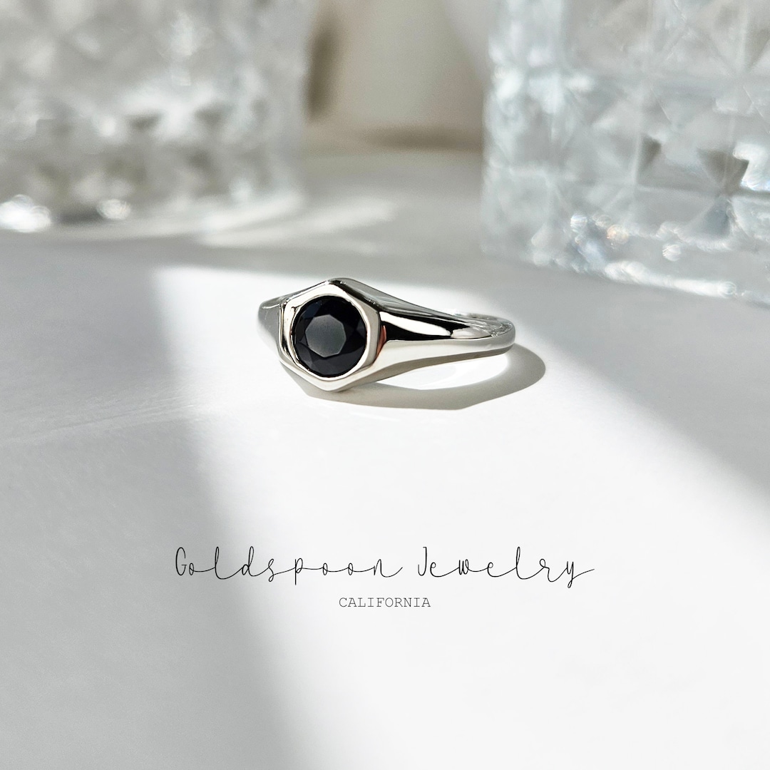 Onyx Ring - Hexagon Ring - Silver Ring - Black Cz Ring - Signet Ring ...