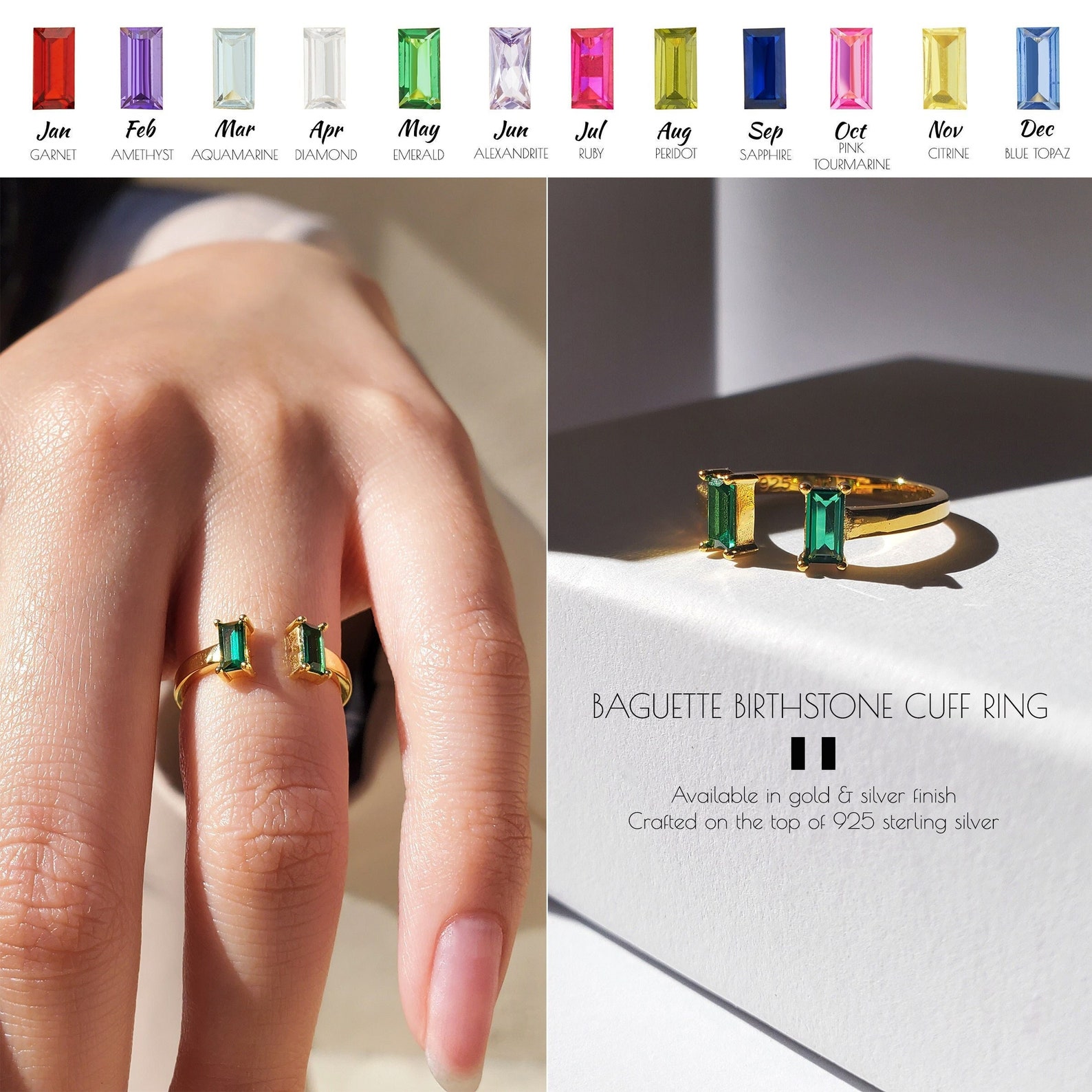 Birthstone Ring, Cuff Ring, Baguette Ring, Gemstone Ring, Sterling ...