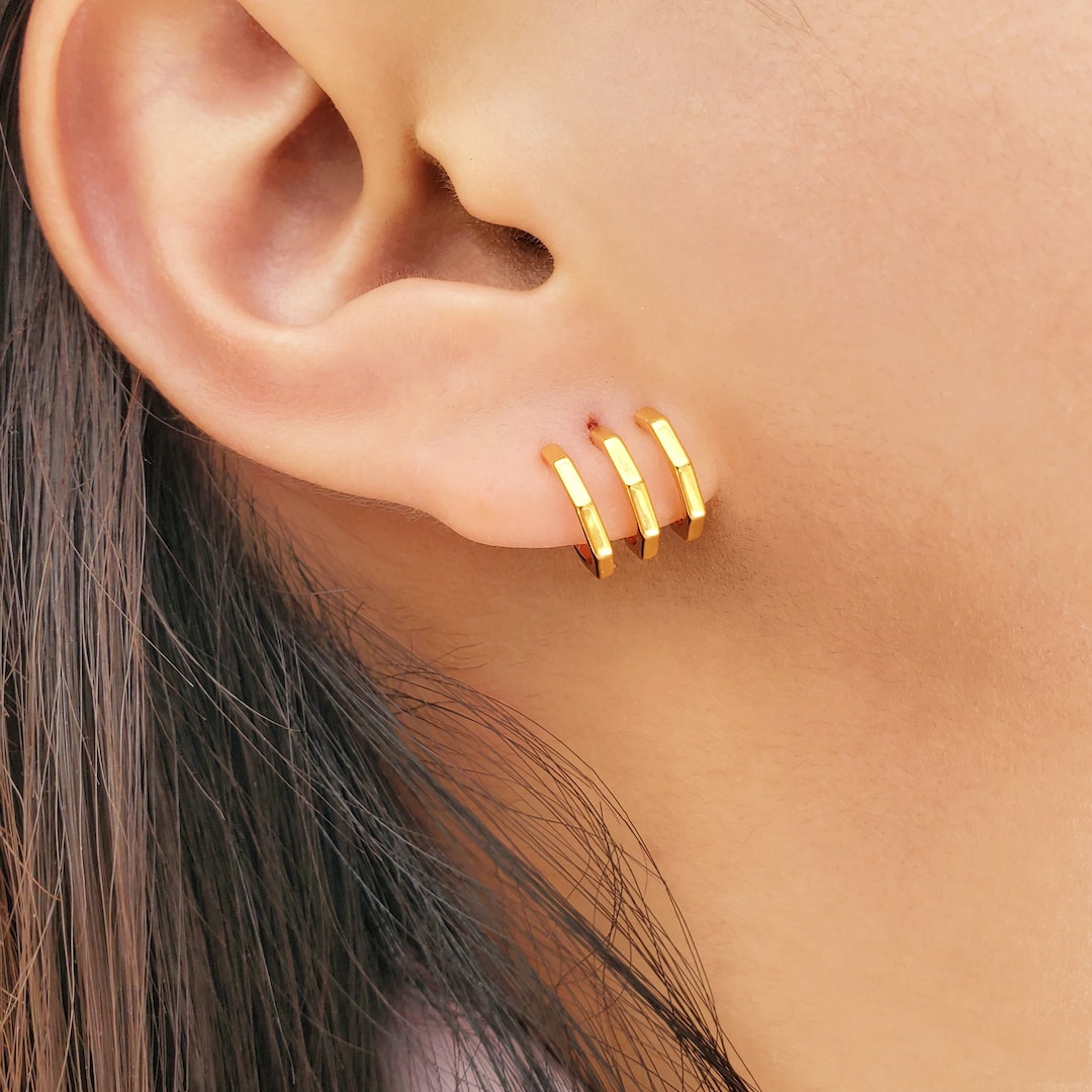 Triple Hoop Earrings, Gold Huggie Earrings, Open Hoop Earrings, Hexagon ...