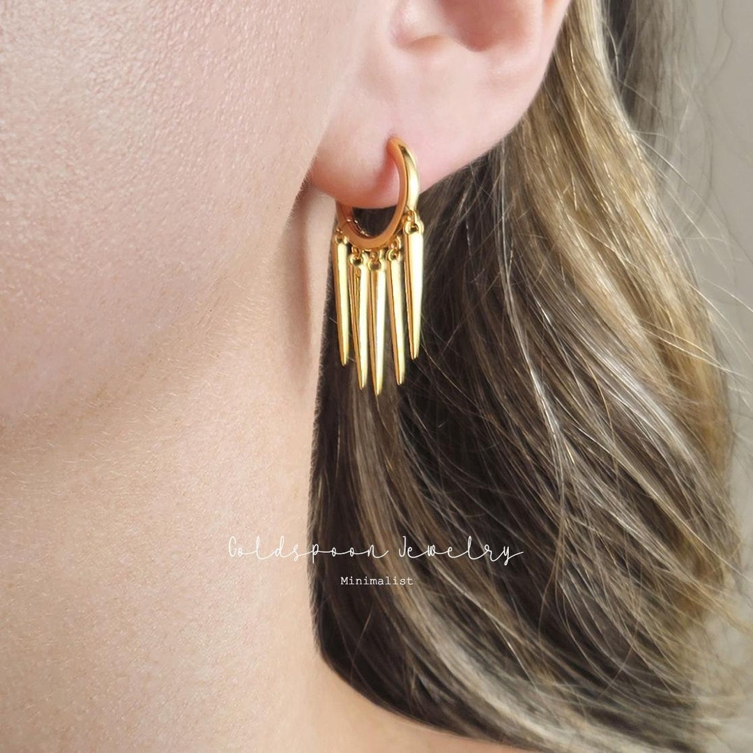 Spike Hoops - Spike Dangle Earrings - Gold Charm Earrings - Edgy ...